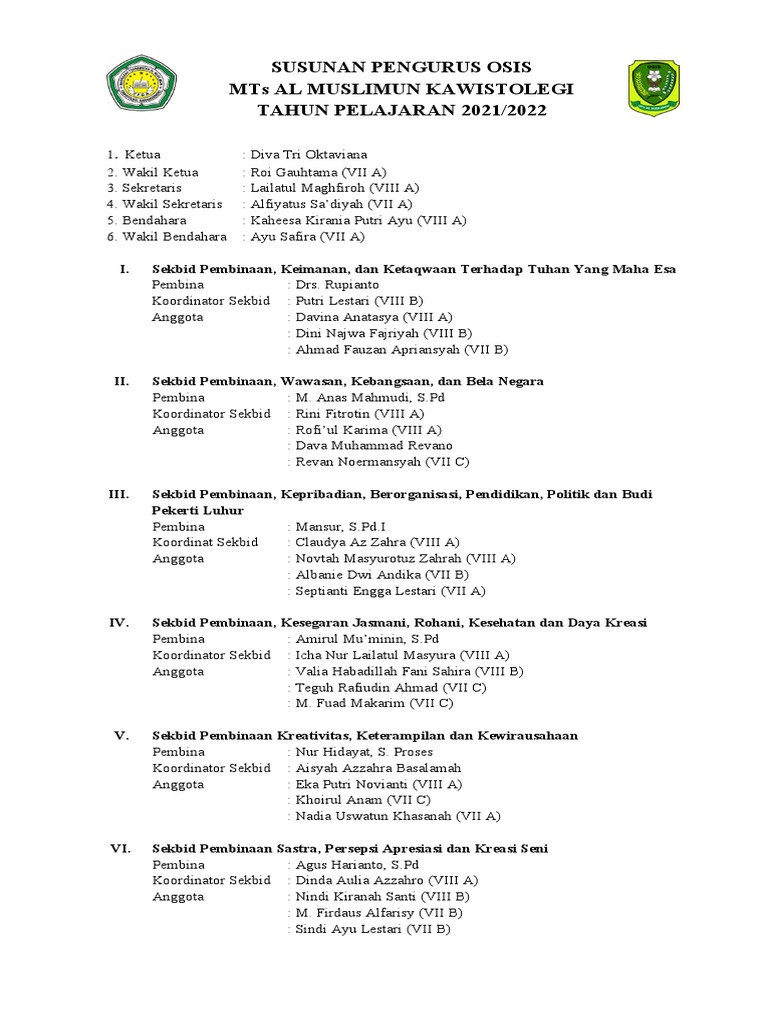 Susunan Pengurus Osis 2021-2022 | PDF
