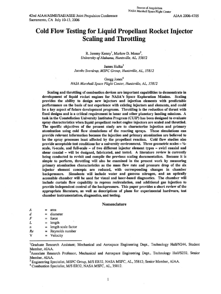 Cold Flow Testing For Liquid Propellant Rocket Injector Scaling and ...