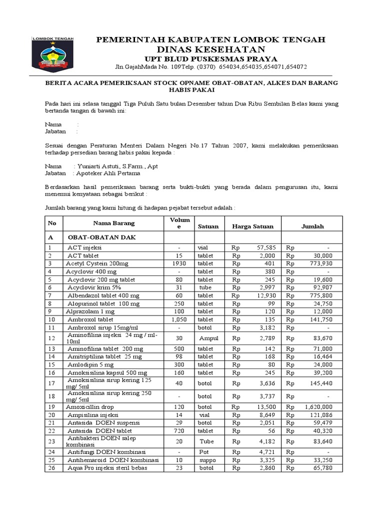Berita Acara Pemeriksaan Stock Opname Obat Dan BMHP | PDF