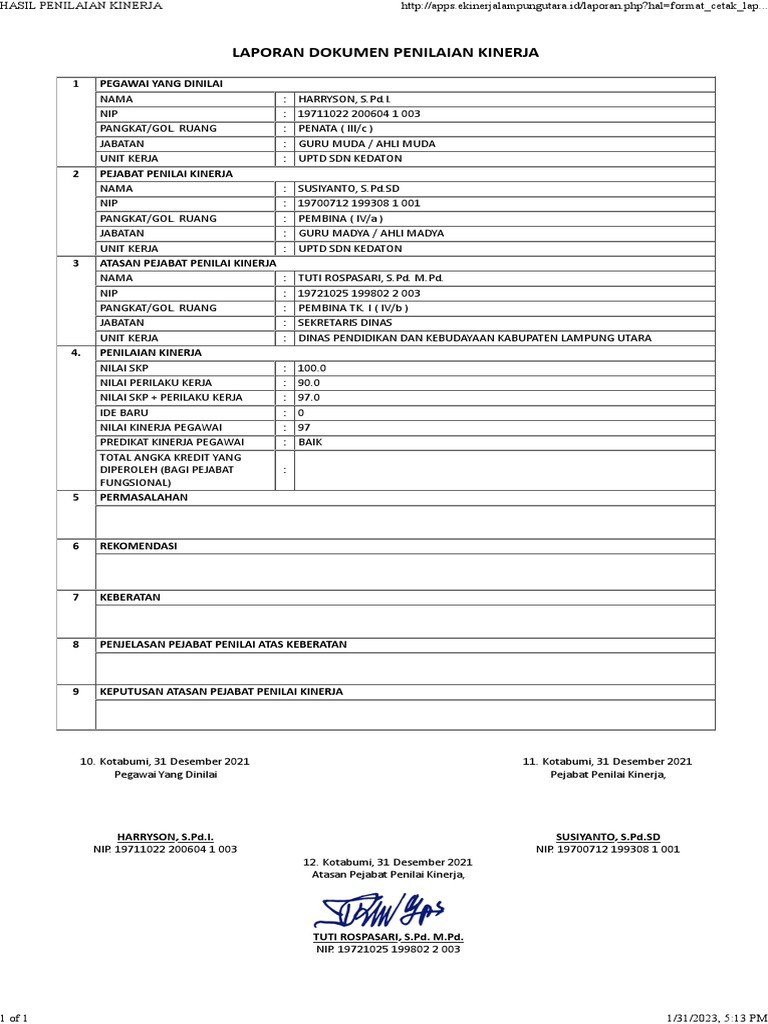 Laporan Kinerja Guru Muda Harryson | PDF