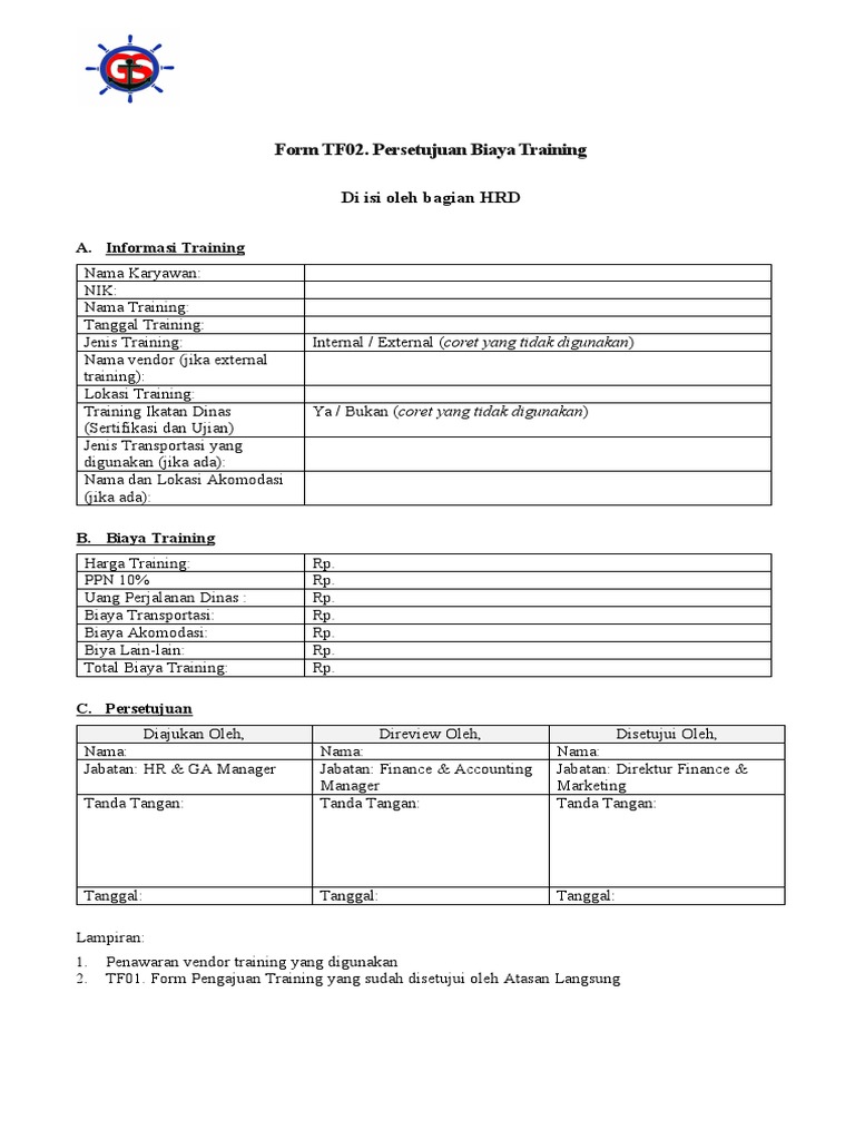 TF.02 Form Persetujuan Biaya Training | PDF