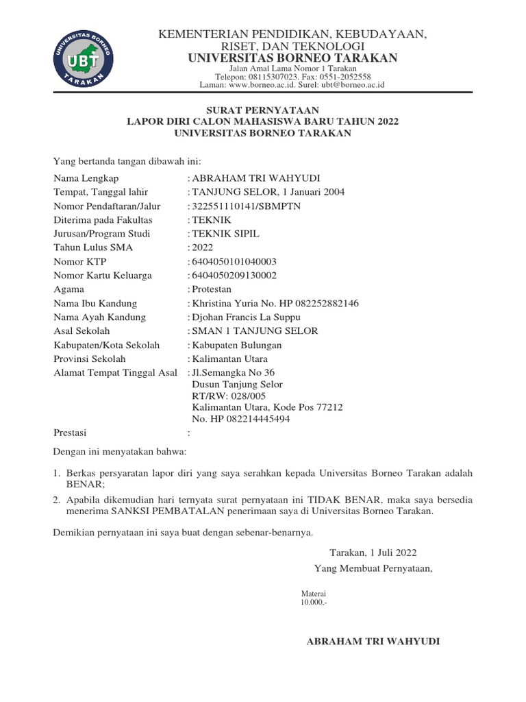 Surat Pernyataan Lapor Diri | PDF