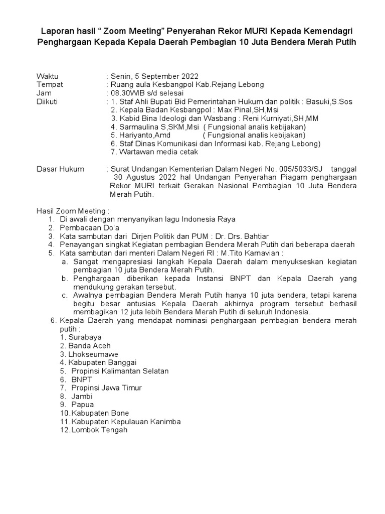Laporan Zoom Meeting 10 JT Bendera | PDF