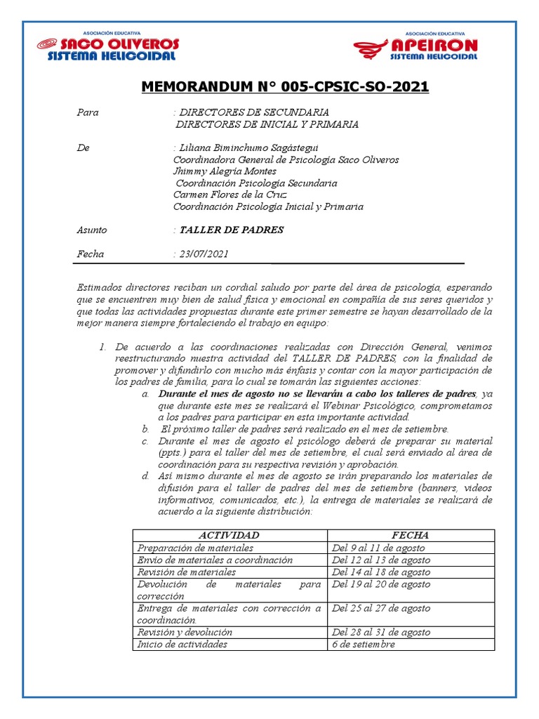 Memorandum 005 - Taller de Padres Setiembre | PDF