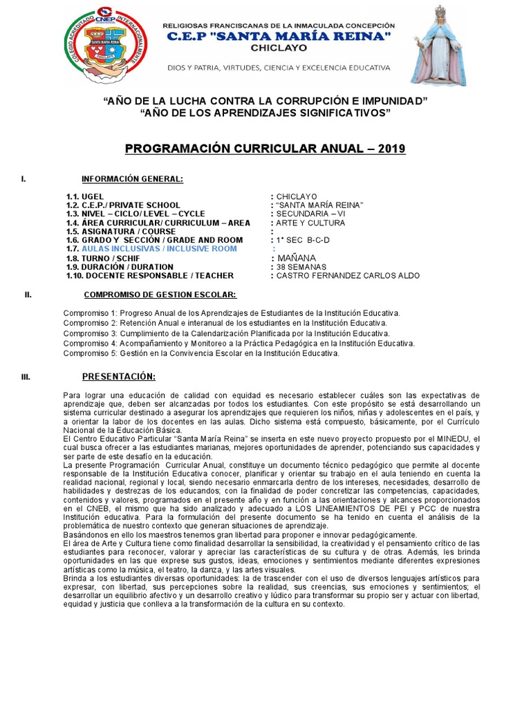 Programacion Anual Arte y Cultura 1ro Sec B-C-D | PDF | Bailes | Plan de estudios