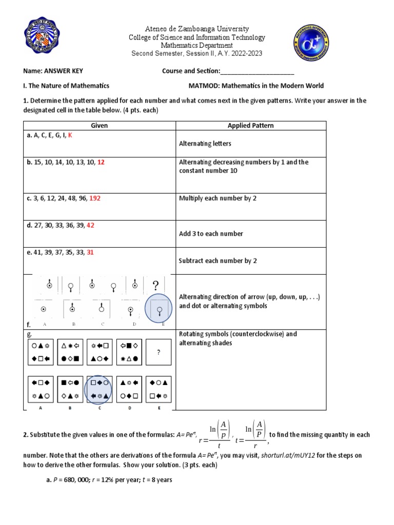 Mathematics Answer Key for A.Y. 2022-2023 | PDF | Summation ...
