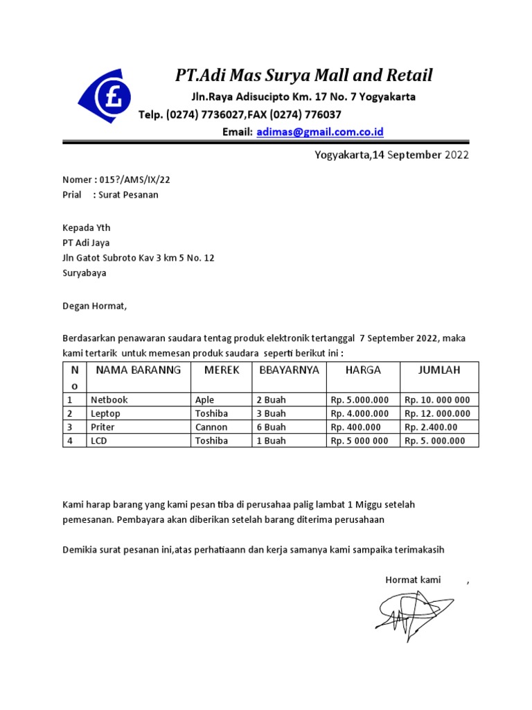 Pesanan Elektronik PT Adi Mas Surya | PDF