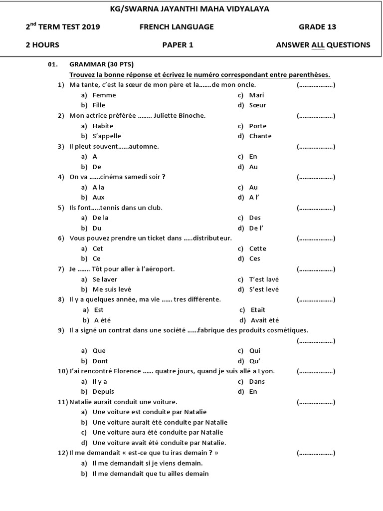French Paper 1 Grade 13 | PDF | La Marseillaise | Claude Joseph Rouget ...