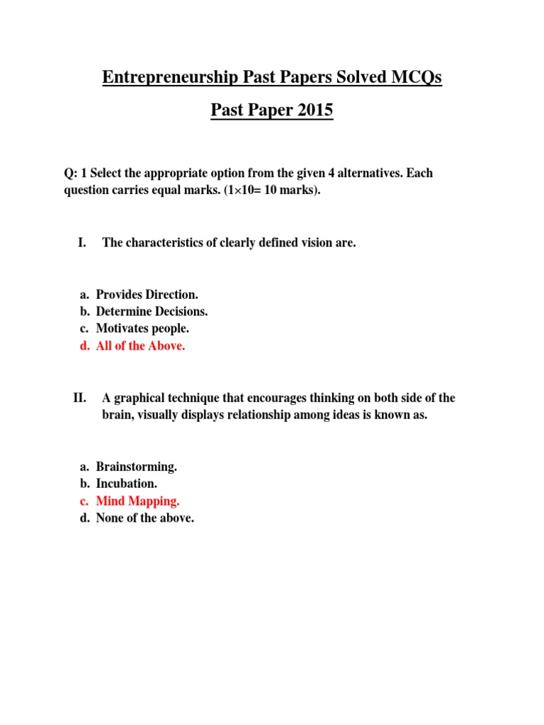 Entrepreneurship Past Papers Solved MCQs | PDF | Entrepreneurship ...