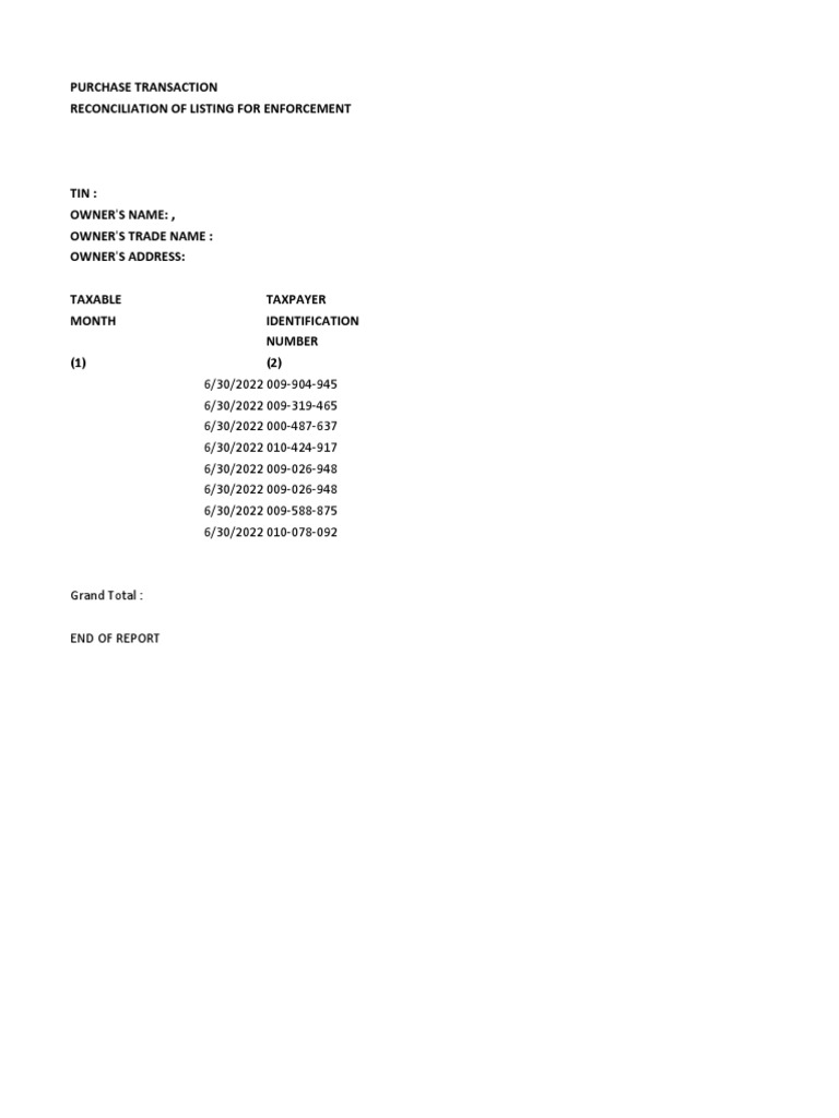 Purchase Transaction Reconciliation of Listing For Enforcement | PDF ...