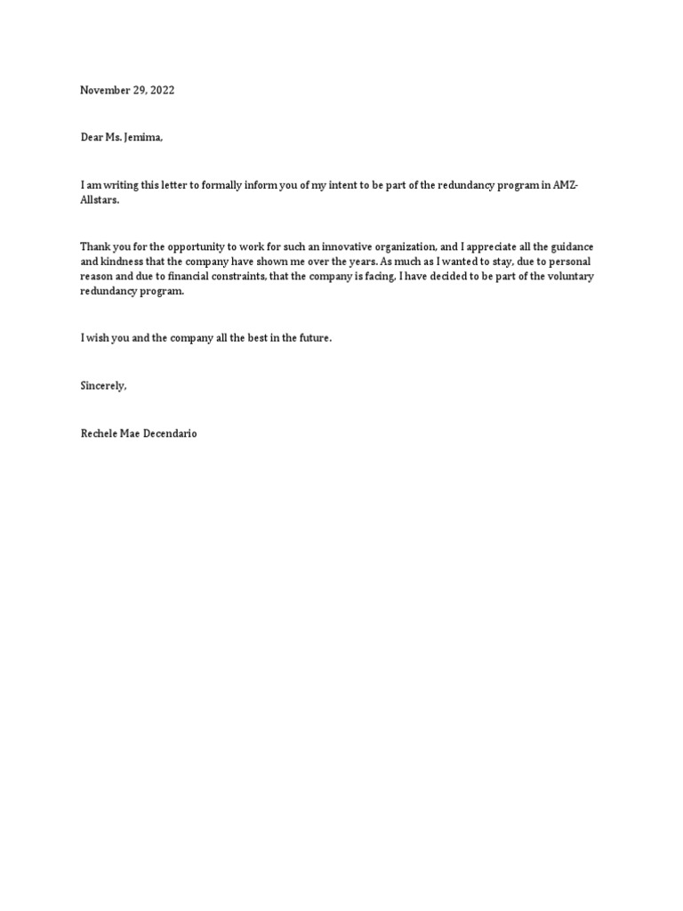 Voluntary Redundancy Letter Template | PDF | Career & Growth
