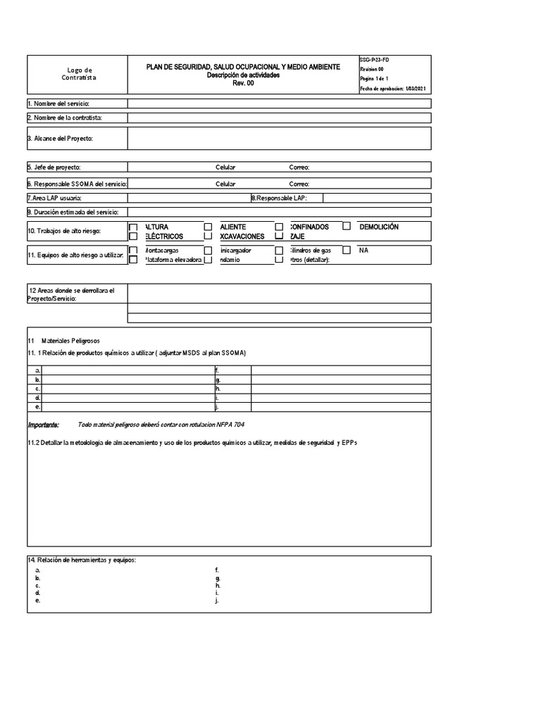 SSG P 23 FD Formato de Plan SSOMA Servicios | PDF | Emergencia | Primeros auxilios