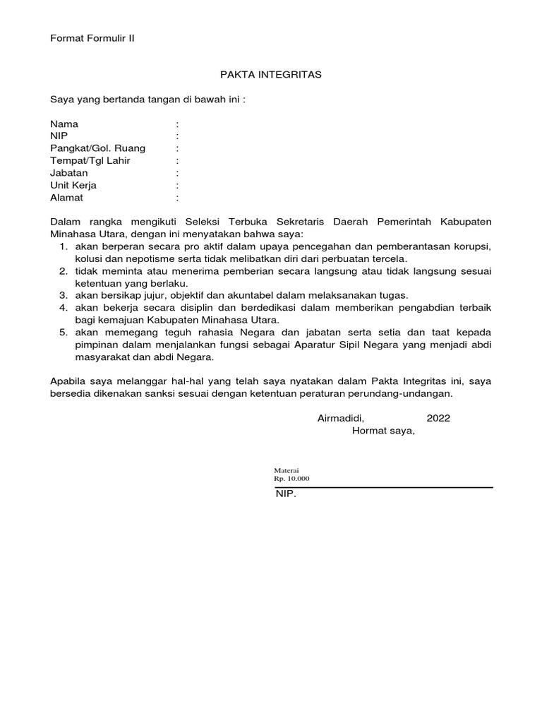 Formulir Pakta Integritas | PDF