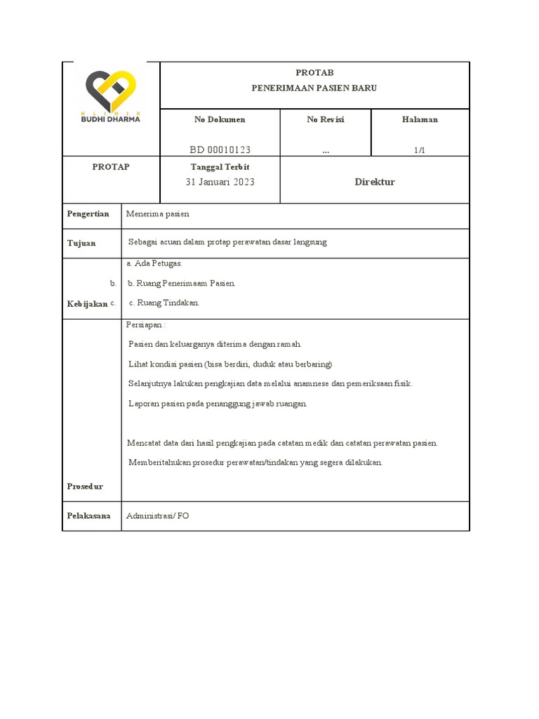 Protab Penerimaan Pasien Baru | PDF