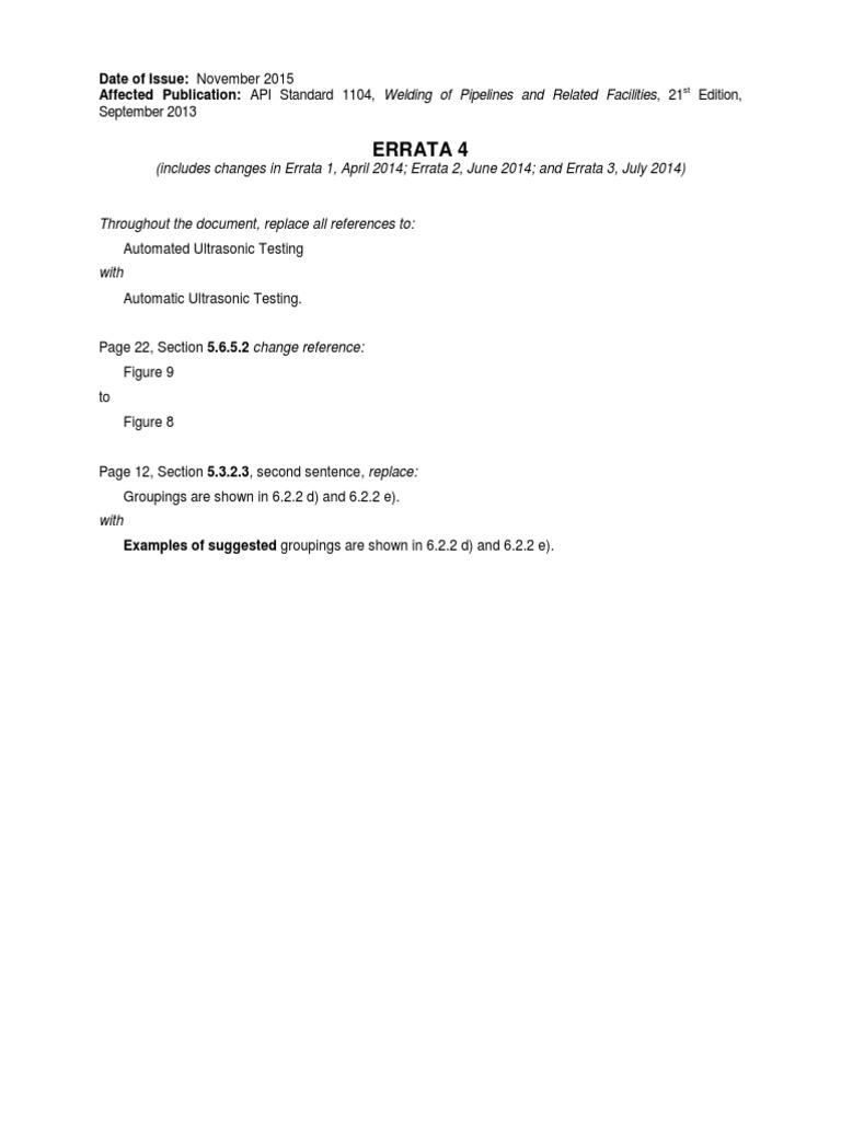 API 1104 Errata - 4and5 | PDF | Welding | Construction