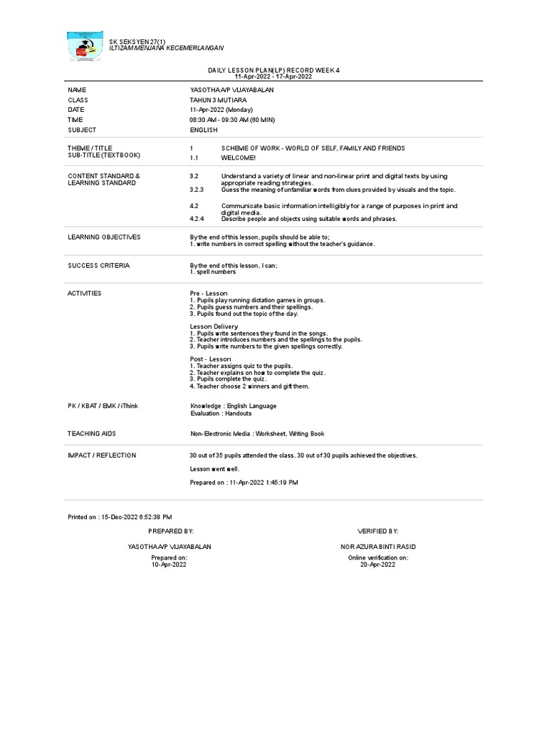 Yasotha A - P Vijayabalan - RPH - Minggu - 4 - Tahun - 2022 | PDF | Lesson Plan | Teachers