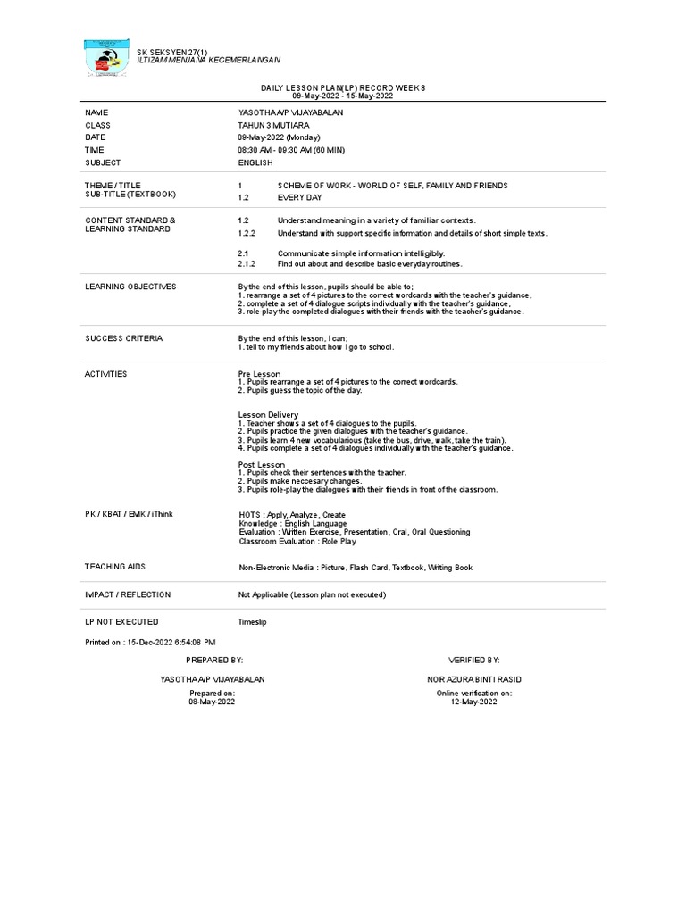 Yasotha A - P Vijayabalan - RPH - Minggu - 8 - Tahun - 2022 | PDF ...