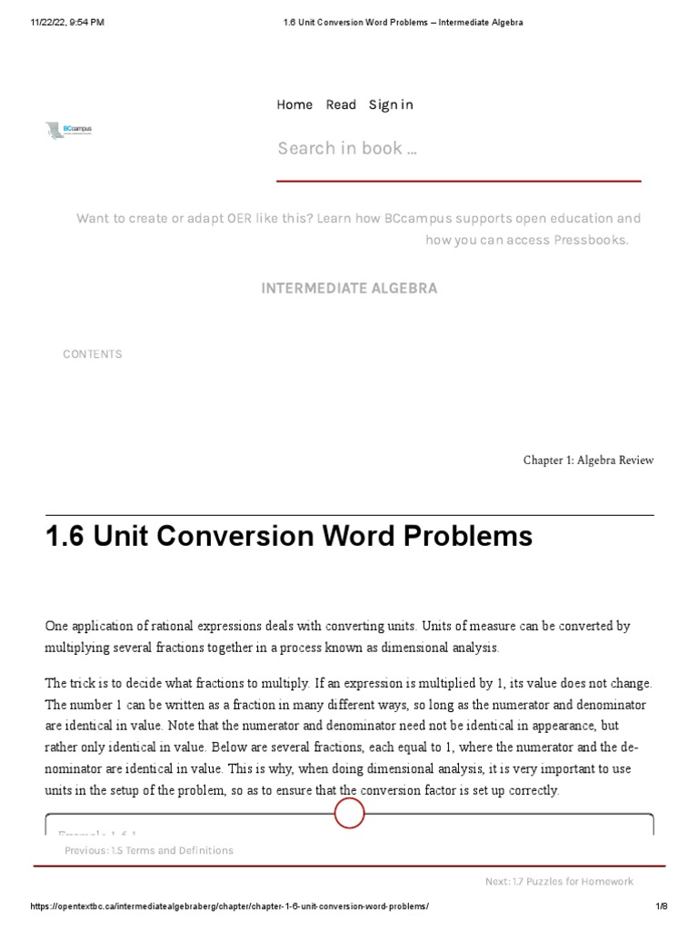 1.6 Unit Conversion Word Problems - Intermediate Algebra | PDF | Litre ...