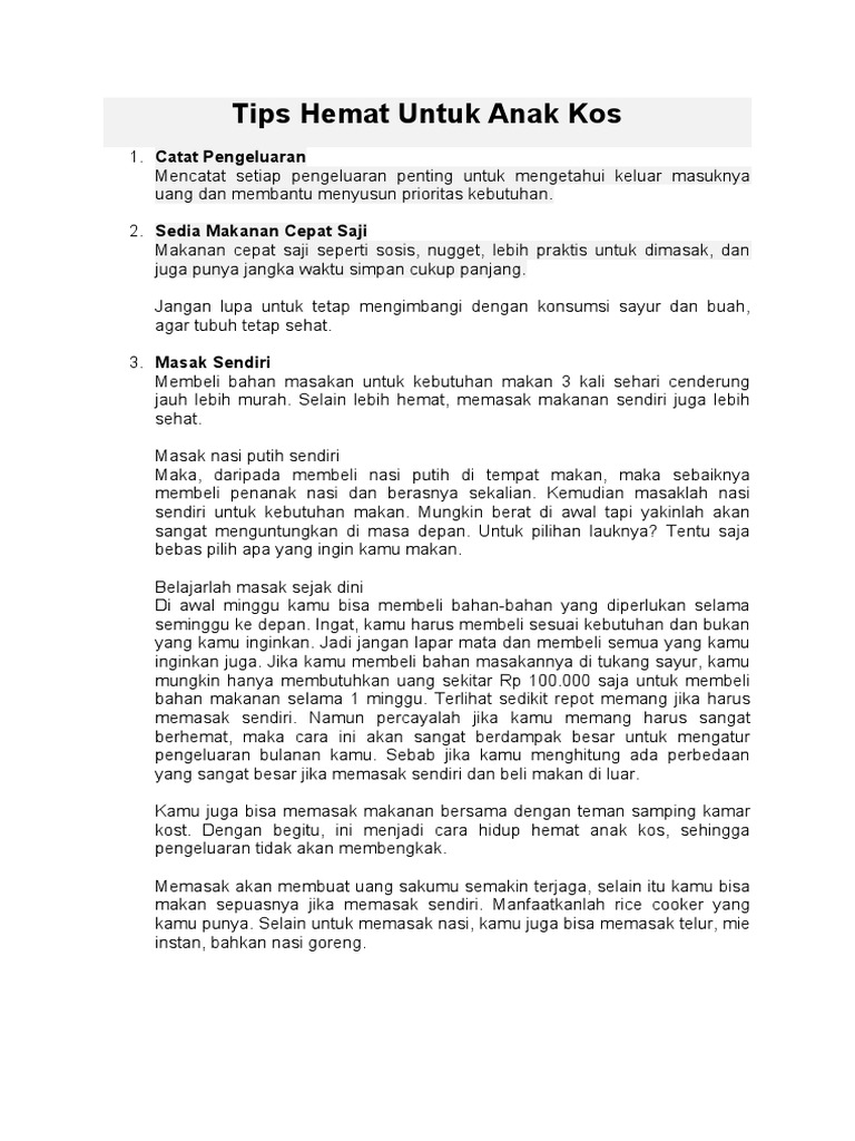 Tips Hemat Untuk Anak Kos | PDF