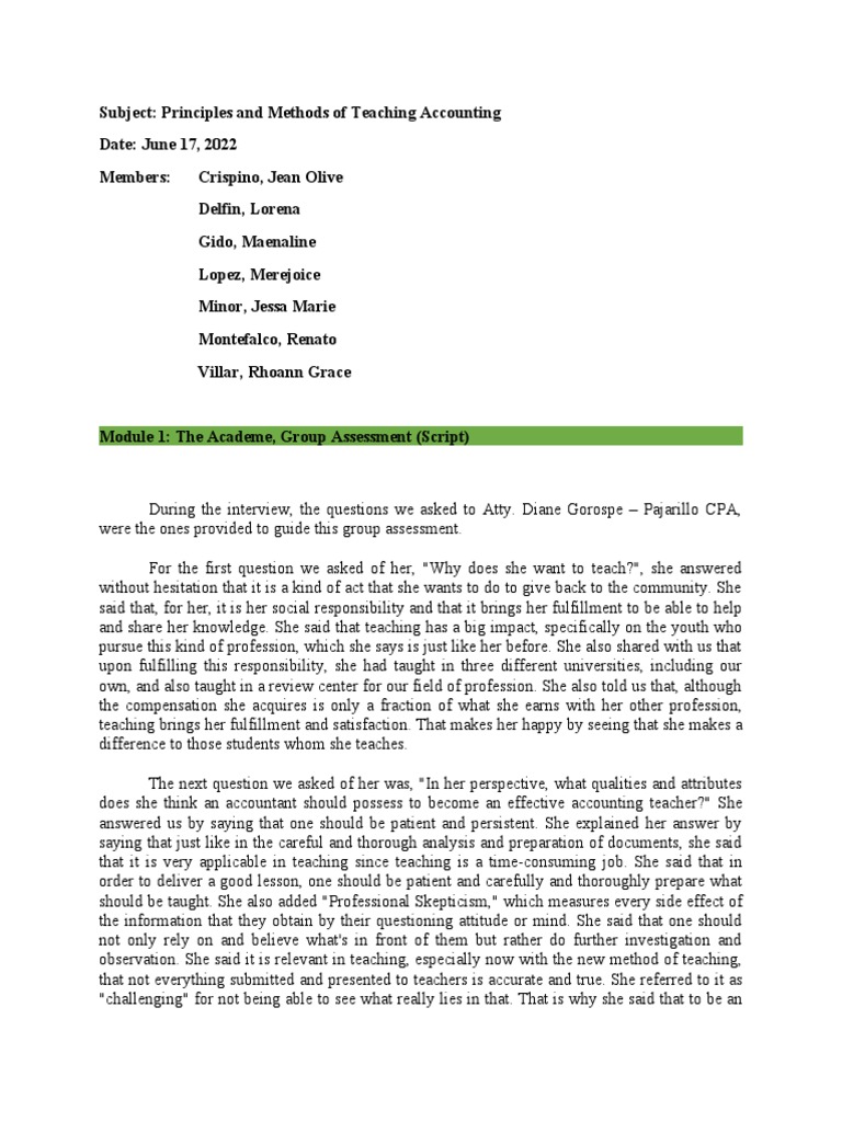Principles and Methods in Teaching Accounting Module 1 Group Assessment ...