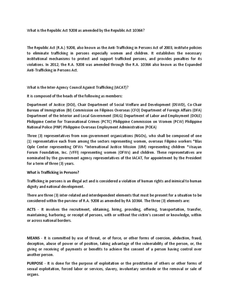Republic Act 9208 and Expanded Anti-Trafficking Law Summary | PDF ...