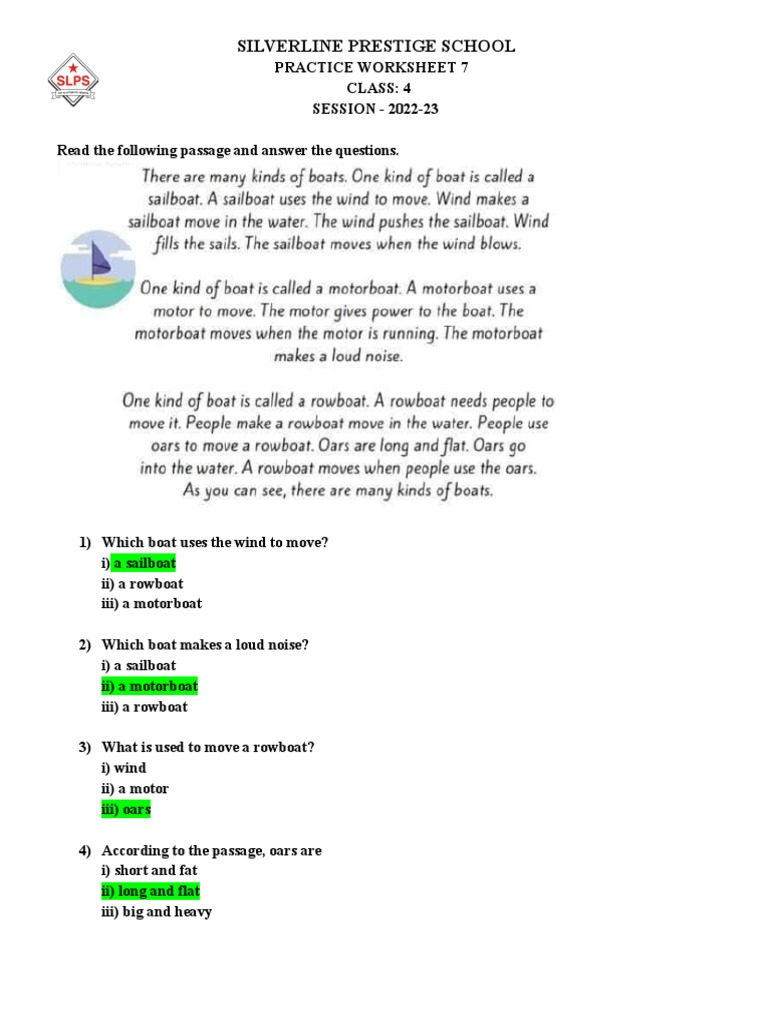 Answers - Practice Worksheet 7 - Comprehension Passages - CL 4 | PDF