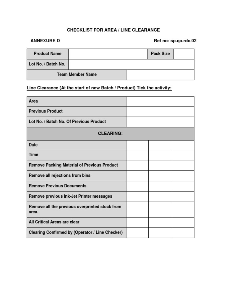 ANNEXURE D Checklist For Area or Line Clearance | PDF | Home & Garden ...