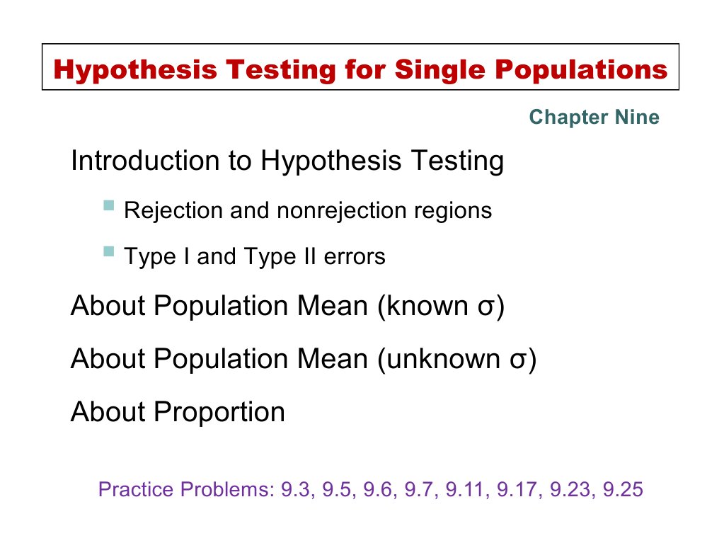 Hypothesis Testing For Single Populations Chapter Nine Pdf Statistical Hypothesis Testing