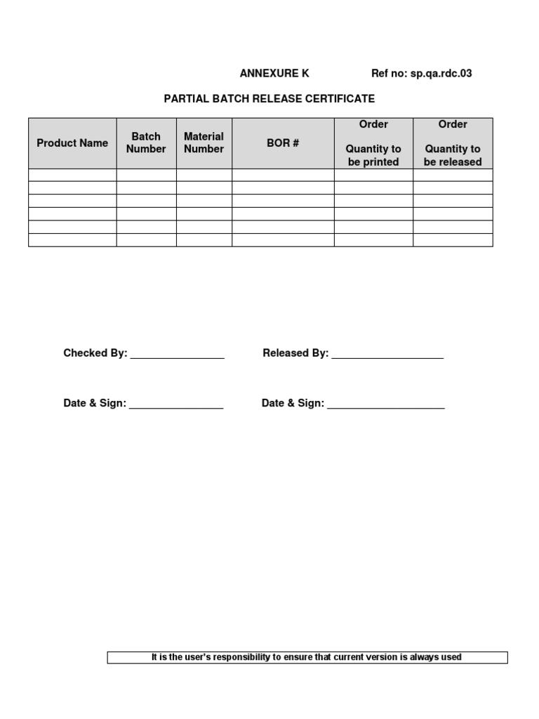 ANNEXURE K For Partial Batch Release Certificate | PDF ANNEXURE K For Partial Batch Release Certificate | PDF