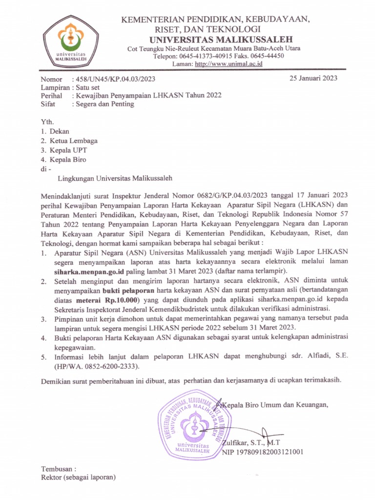 Kewajiban Penyampaian LHKASN 2022 Unimal | PDF