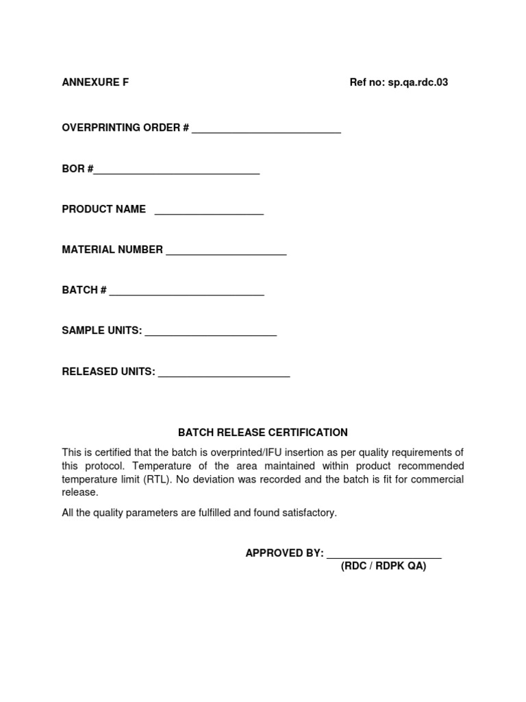 ANNEXURE F For Batch Release Certification | PDF