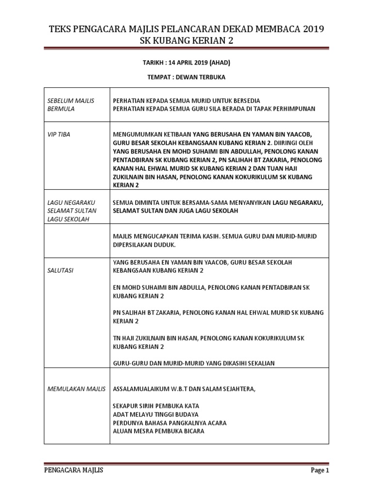 Teks Pengacara Dekad Membaca 2019 | PDF