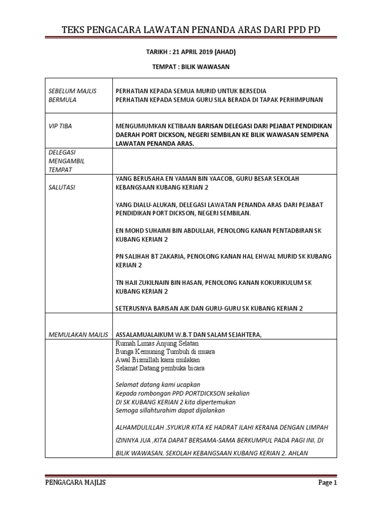 Teks Pengacara Lawatan Penanda Aras DR PPD Port Dickson | PDF