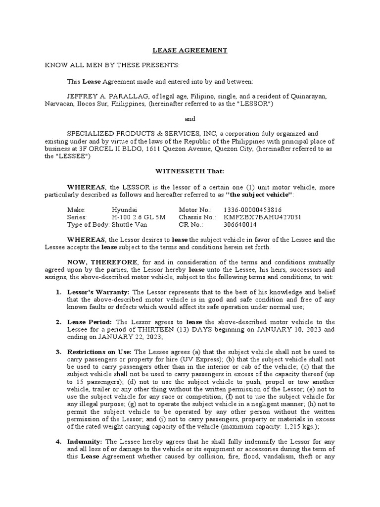 LEASE AGREEMENT H100 Hyundai 2023 | PDF | Lease | Civil Law (Common Law)