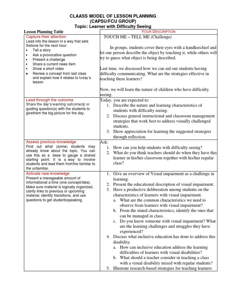 CAPSU FCU CLAASS Lesson Plan | PDF | Learning | Teaching Method