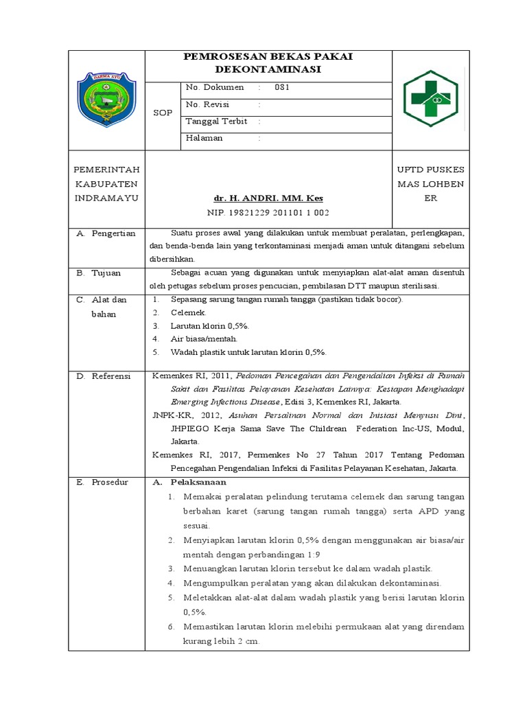 SOP Pemrosesan Bekas Pakai - Dekontaminasi. | PDF | Sains & Matematika