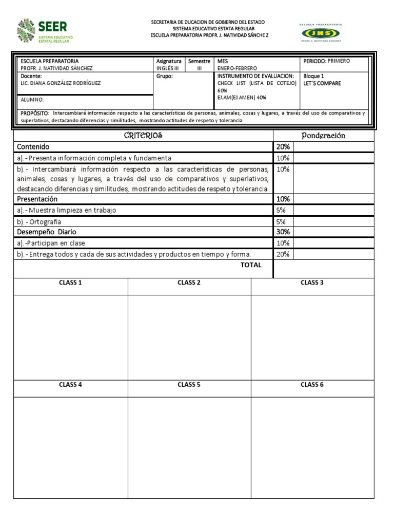 Check List 1 Inglés 3 Ene23 | PDF | Evaluación