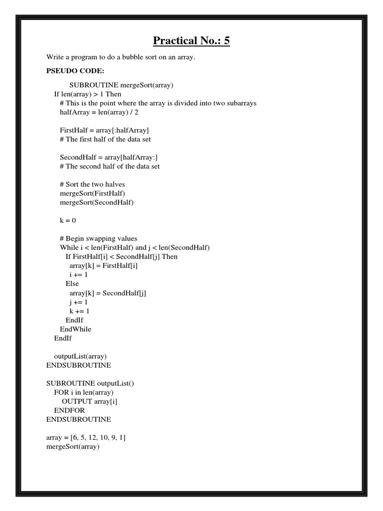Practical No 5 Merge Sort Pdf Algorithms And Data Structures Mathematical Logic
