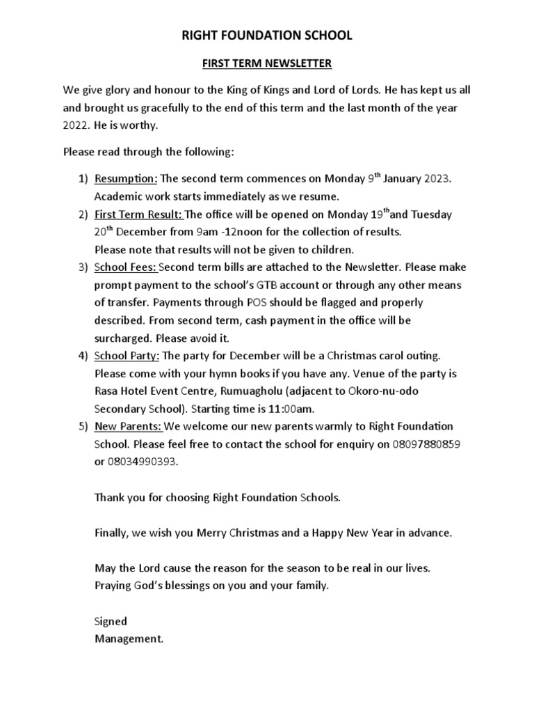 RFSL First Term Letter 2223 | PDF
