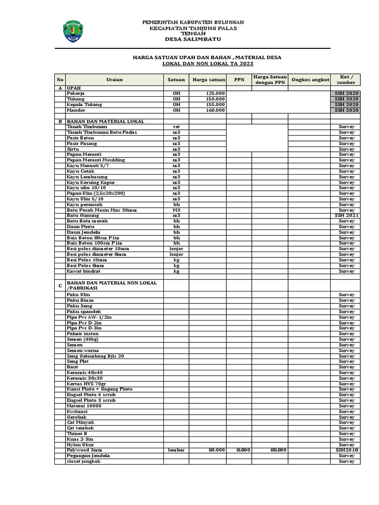 Form Penetapan Harga Satuan Bahan Dan Upah | PDF