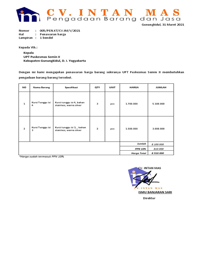 Penawaran KT CV. Intan Mas Pus - Semin II | PDF