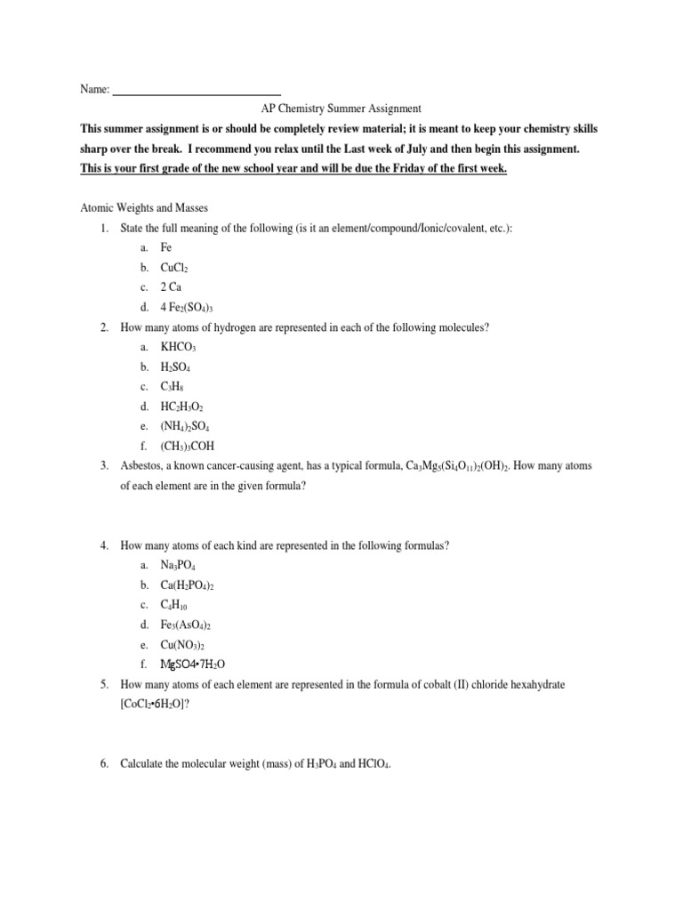 AP Chemistry Summer Assignment | PDF | Oxide | Mole (Unit)