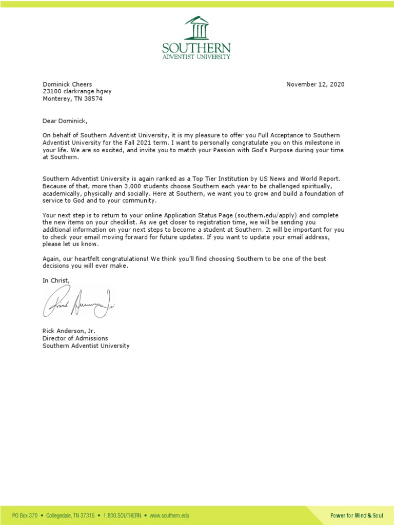 Southern Admissions Letter | PDF