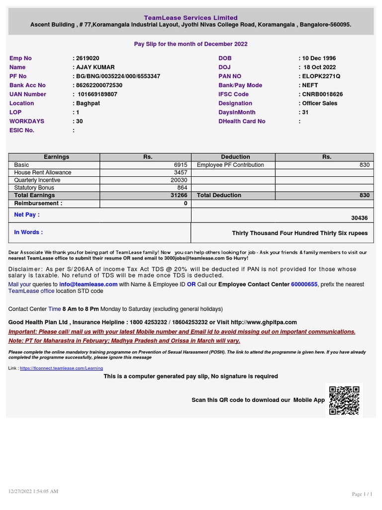 PaySlip - December 2022 | PDF | Government Finances | Taxes