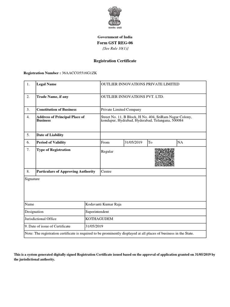 GST Certificate Hydrabad 36 (1) | PDF | Government | Business