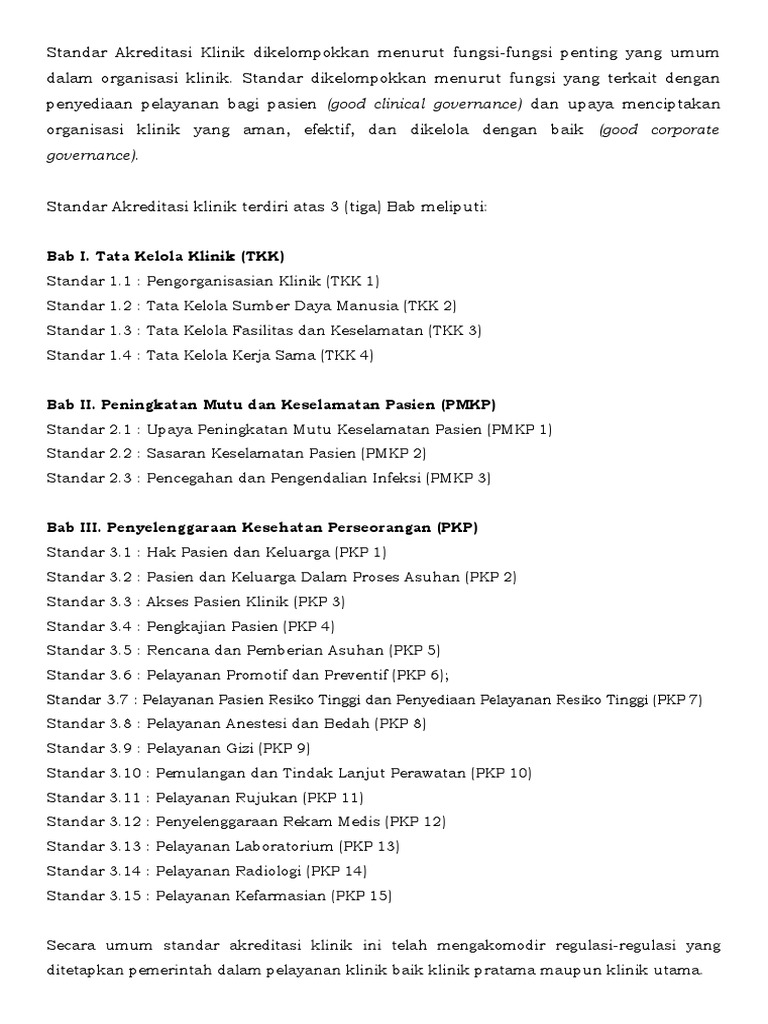 Standar Akreditasi Klinik | PDF