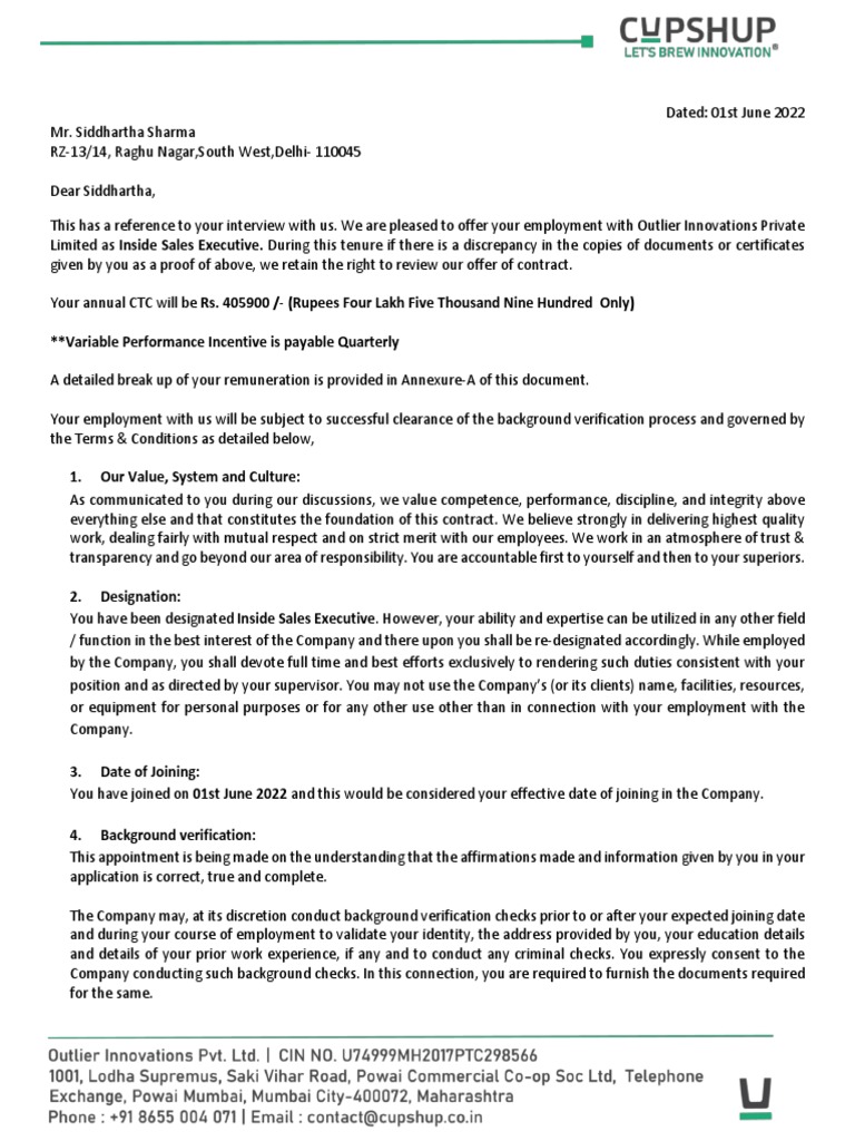 Offer Letter - Siddhartha Sharma (Signed) | PDF | Trade Secret | Breach Of Contract