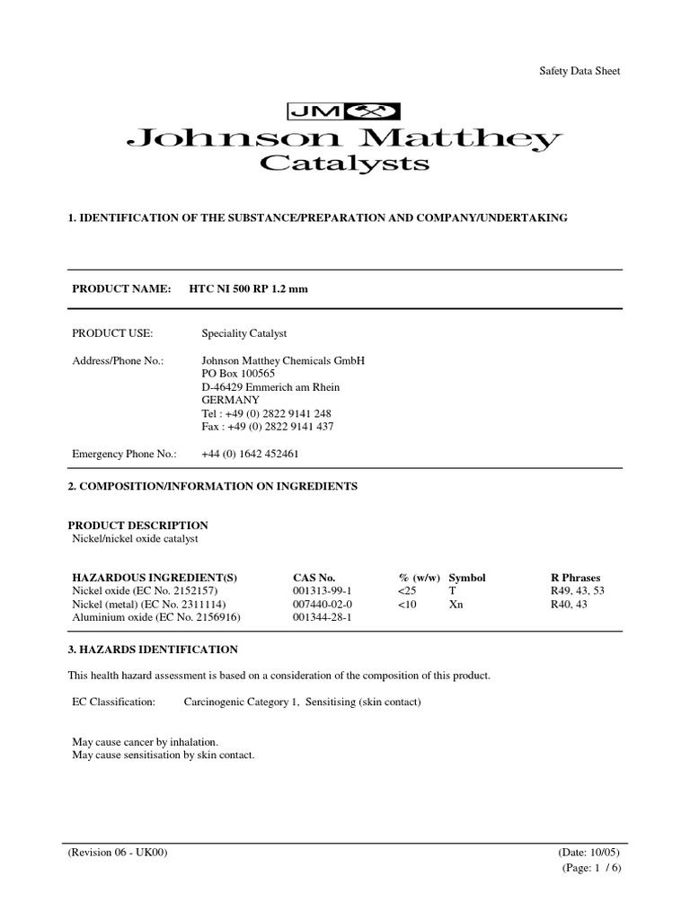 5.20 MSDS HTC NI 500 RP 1.2 MM | PDF | Nickel | Carcinogen