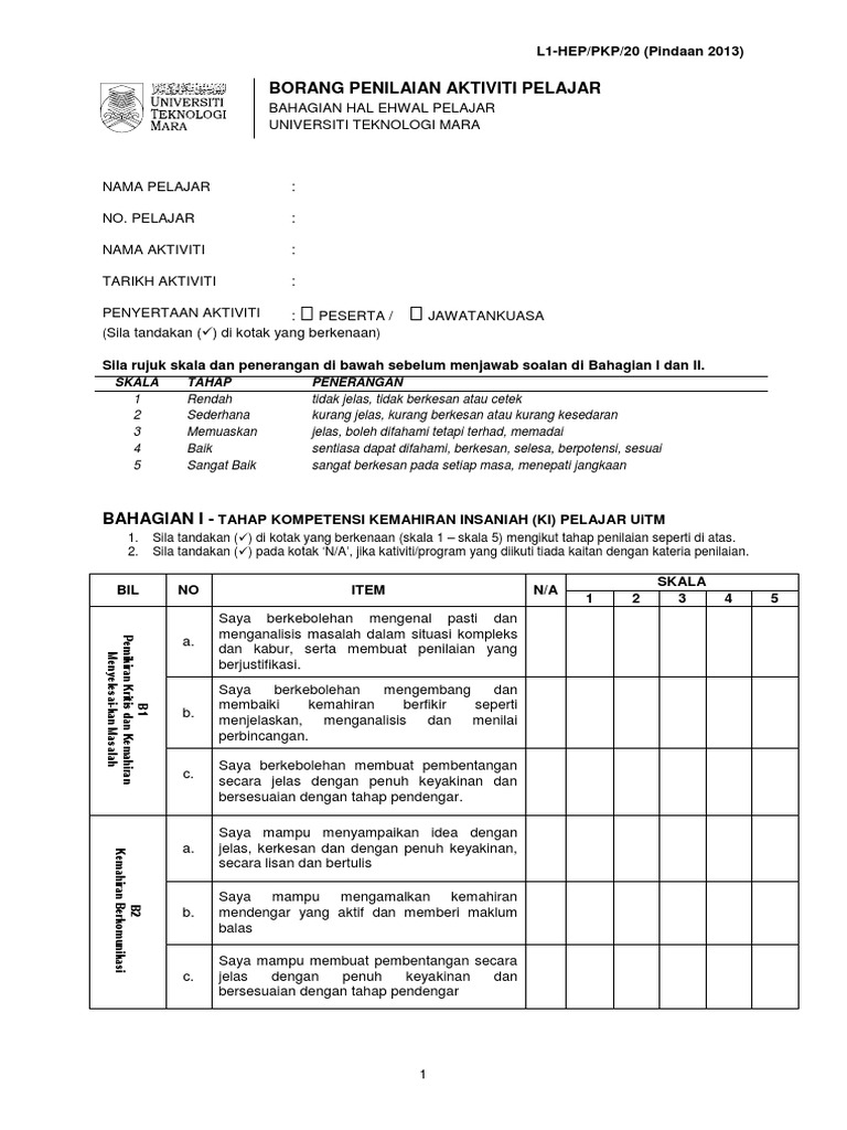 Borang Penilaian Aktiviti Pelajar | PDF