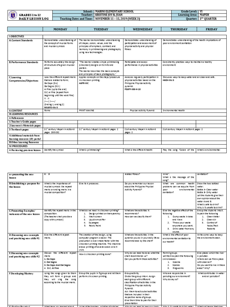 DLL - Mapeh 6 - Q3 - W3 | PDF | Printmaking | Learning